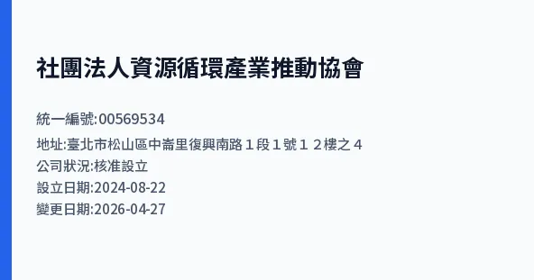 社團法人資源循環產業推動協會的照片-統編 00569534(臺北市) 公司登記資料與營業項目詳細圖表