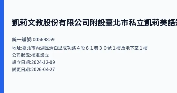 凱莉文教股份有限公司附設臺北市私立凱莉美語短期補習班的照片-統編 00569859(臺北市) 公司登記資料與營業項目詳細圖表