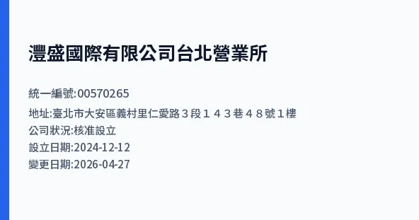 灃盛國際有限公司台北營業所的照片-統編 00570265(臺北市) 公司登記資料與營業項目詳細圖表
