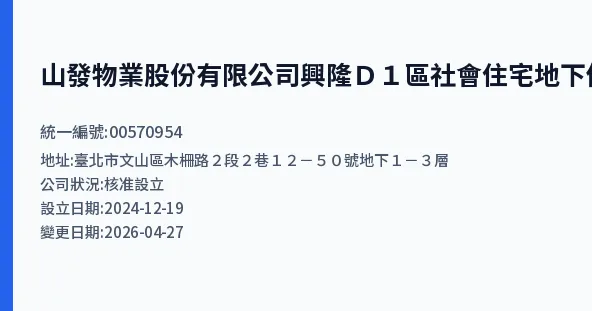 山發物業股份有限公司興隆D1區社會住宅地下停車場的照片-統編 00570954(臺北市) 公司登記資料與營業項目詳細圖表