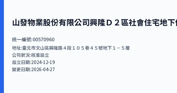 山發物業股份有限公司興隆D2區社會住宅地下停車場的照片-統編 00570960(臺北市) 公司登記資料與營業項目詳細圖表