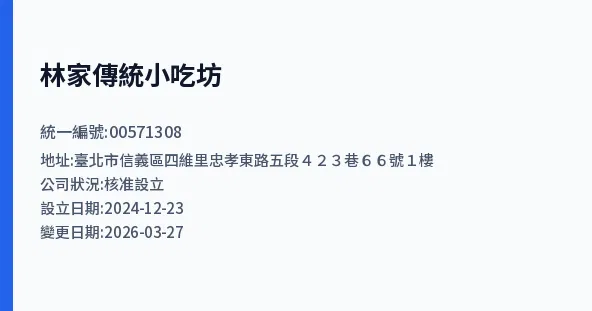 林家傳統小吃坊的照片-統編 00571308(臺北市) 公司登記資料與營業項目詳細圖表