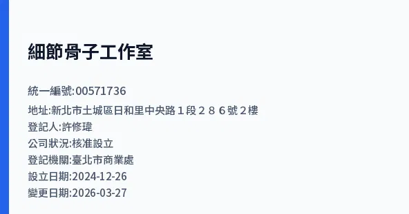 細節骨子工作室的照片-統編 00571736(新北市) 公司登記資料與營業項目詳細圖表