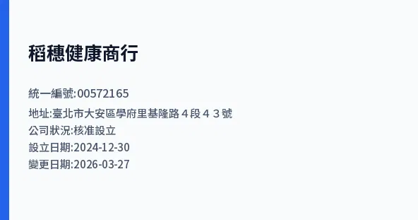 稻穗健康商行的照片-統編 00572165(臺北市) 公司登記資料與營業項目詳細圖表