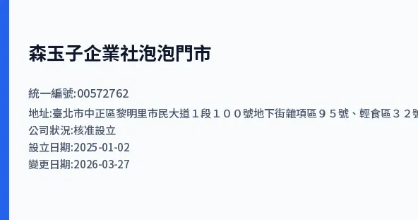 森玉子企業社泡泡門市的照片-統編 00572762(臺北市) 公司登記資料與營業項目詳細圖表