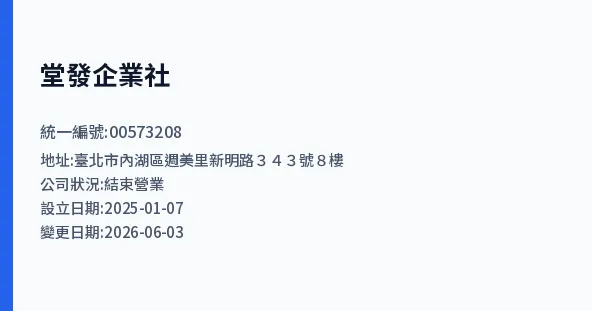 堂發企業社的照片-統編 00573208(臺北市) 公司登記資料與營業項目詳細圖表