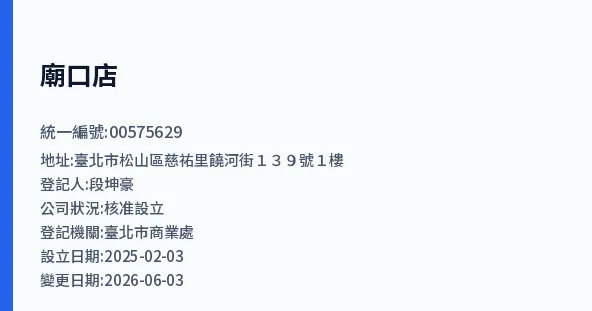 廟口店的照片-統編 00575629(臺北市) 公司登記資料與營業項目詳細圖表