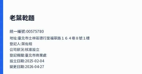 老葉乾麵的照片-統編 00575780(臺北市) 公司登記資料與營業項目詳細圖表