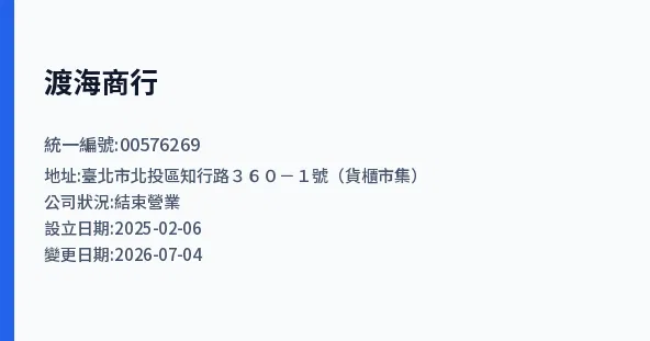 渡海商行的照片-統編 00576269(臺北市) 公司登記資料與營業項目詳細圖表