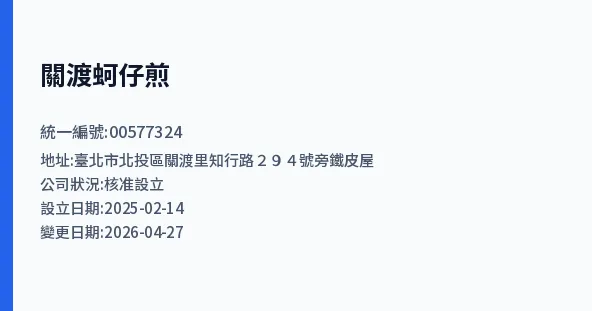 關渡蚵仔煎的照片-統編 00577324(臺北市) 公司登記資料與營業項目詳細圖表