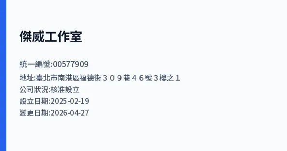 傑威工作室的照片-統編 00577909(臺北市) 公司登記資料與營業項目詳細圖表