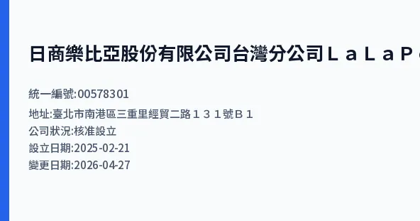 日商樂比亞股份有限公司台灣分公司LaLaPort南港店的照片-統編 00578301(臺北市) 公司登記資料與營業項目詳細圖表