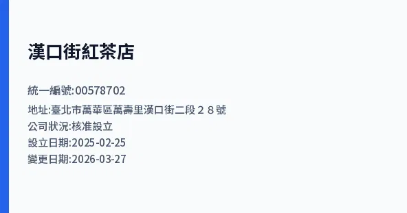 漢口街紅茶店的照片-統編 00578702(臺北市) 公司登記資料與營業項目詳細圖表