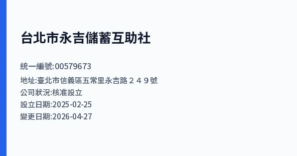 台北市永吉儲蓄互助社的照片-統編 00579673(臺北市) 公司登記資料與營業項目詳細圖表