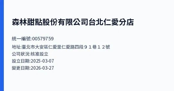 森林甜點股份有限公司台北仁愛分店的照片-統編 00579759(臺北市) 公司登記資料與營業項目詳細圖表