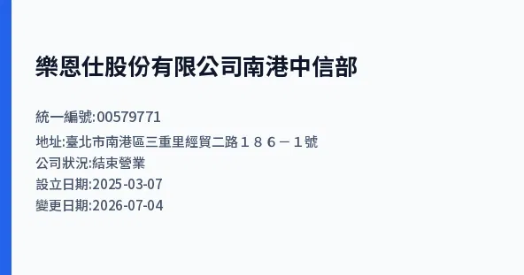 樂恩仕股份有限公司南港中信部的照片-統編 00579771(臺北市) 公司登記資料與營業項目詳細圖表