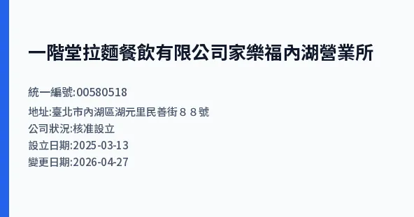 一階堂拉麵餐飲有限公司家樂福內湖營業所的照片-統編 00580518(臺北市) 公司登記資料與營業項目詳細圖表