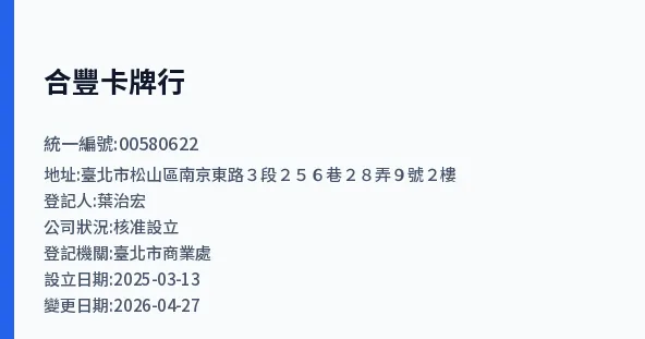 合豐卡牌行的照片-統編 00580622(臺北市) 公司登記資料與營業項目詳細圖表