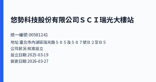 悠勢科技股份有限公司SCI瑞光大樓站的照片-統編 00581241(臺北市) 公司登記資料與營業項目詳細圖表
