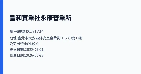 豐和實業社永康營業所的照片-統編 00581734(臺北市) 公司登記資料與營業項目詳細圖表