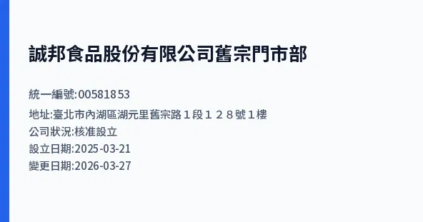 誠邦食品股份有限公司舊宗門市部的照片-統編 00581853(臺北市) 公司登記資料與營業項目詳細圖表