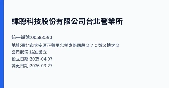 緯聰科技股份有限公司台北營業所的照片-統編 00583590(臺北市) 公司登記資料與營業項目詳細圖表