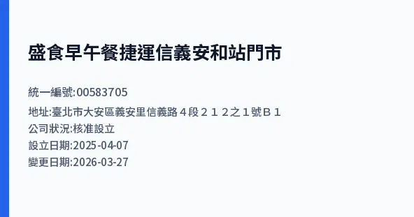 盛食早午餐捷運信義安和站門市的照片-統編 00583705(臺北市) 公司登記資料與營業項目詳細圖表