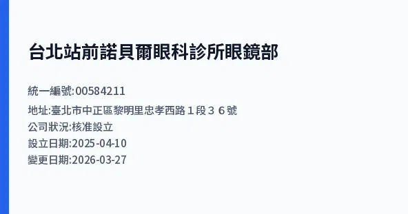 台北站前諾貝爾眼科診所眼鏡部的照片-統編 00584211(臺北市) 公司登記資料與營業項目詳細圖表