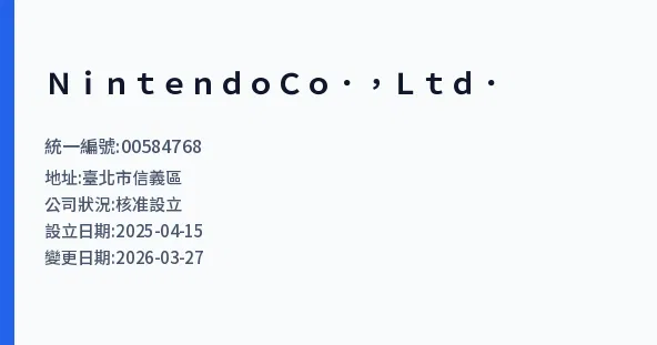 Nintendo Co., Ltd.的照片-統編 00584768(臺北市) 公司登記資料與營業項目詳細圖表