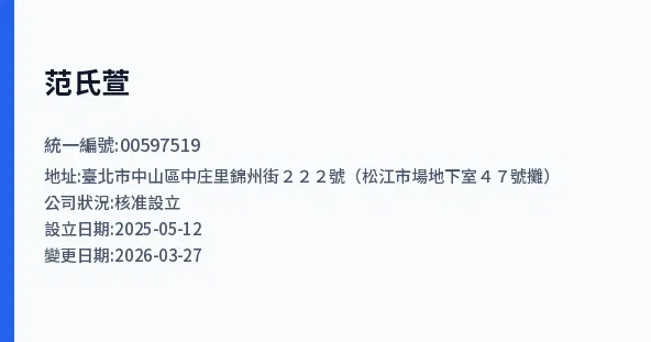 范氏萱的照片-統編 00597519(臺北市) 公司登記資料與營業項目詳細圖表