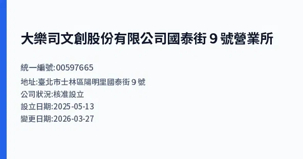 大樂司文創股份有限公司國泰街9號營業所的照片-統編 00597665(臺北市) 公司登記資料與營業項目詳細圖表
