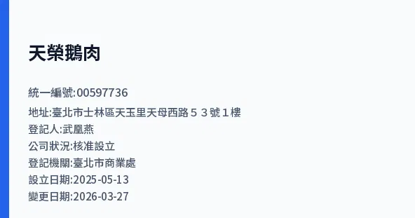 天榮鵝肉的照片-統編 00597736(臺北市) 公司登記資料與營業項目詳細圖表