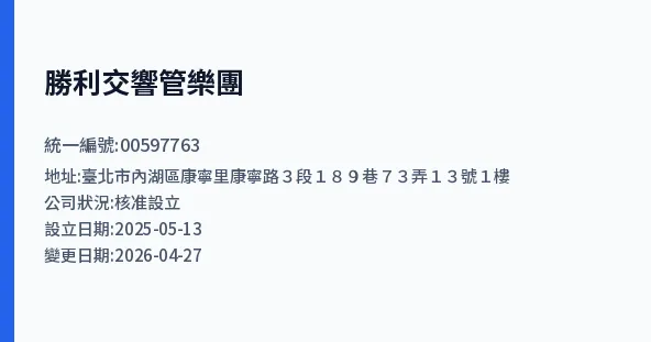 勝利交響管樂團的照片-統編 00597763(臺北市) 公司登記資料與營業項目詳細圖表