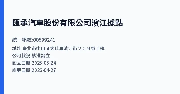 匯承汽車股份有限公司濱江據點的照片-統編 00599241(臺北市) 公司登記資料與營業項目詳細圖表