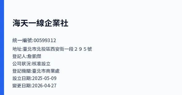海天一線企業社的照片-統編 00599312(臺北市) 公司登記資料與營業項目詳細圖表