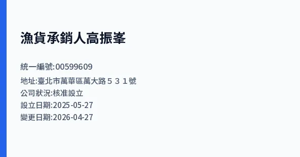 漁貨承銷人高振峯的照片-統編 00599609(臺北市) 公司登記資料與營業項目詳細圖表