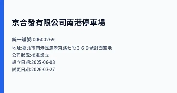 京合發有限公司南港停車場的照片-統編 00600269(臺北市) 公司登記資料與營業項目詳細圖表