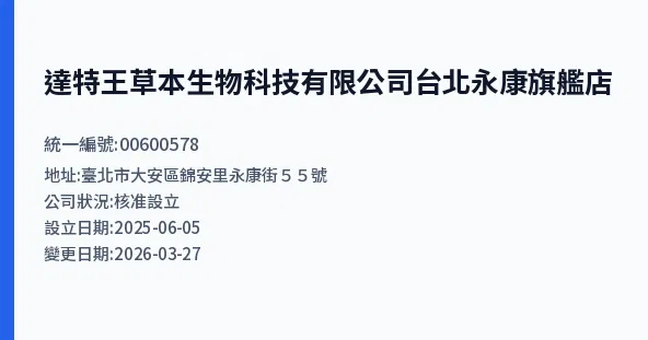 達特王草本生物科技有限公司台北永康旗艦店的照片-統編 00600578(臺北市) 公司登記資料與營業項目詳細圖表