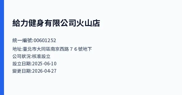 給力健身有限公司火山店的照片-統編 00601252(臺北市) 公司登記資料與營業項目詳細圖表
