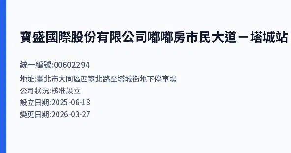 寶盛國際股份有限公司嘟嘟房市民大道-塔城站的照片-統編 00602294(臺北市) 公司登記資料與營業項目詳細圖表