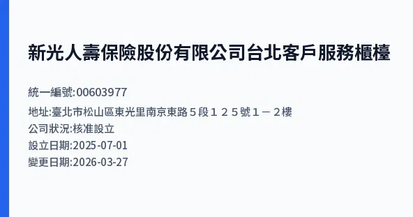 新光人壽保險股份有限公司台北客戶服務櫃檯的照片-統編 00603977(臺北市) 公司登記資料與營業項目詳細圖表