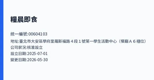 糧晨即食的照片-統編 00604103(臺北市) 公司登記資料與營業項目詳細圖表