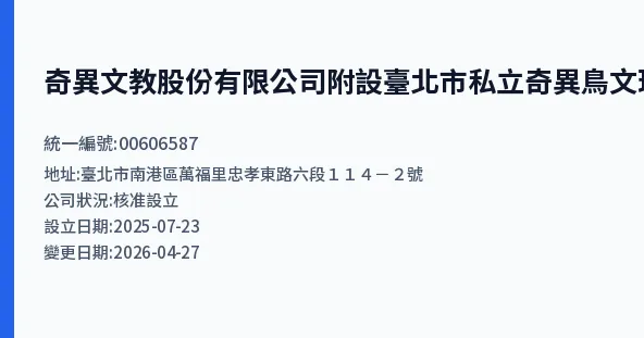 奇異文教股份有限公司附設臺北市私立奇異鳥文理短期補習班的照片-統編 00606587(臺北市) 公司登記資料與營業項目詳細圖表