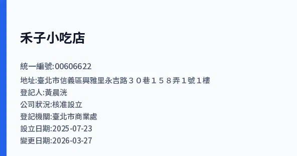 禾子小吃店的照片-統編 00606622(臺北市) 公司登記資料與營業項目詳細圖表