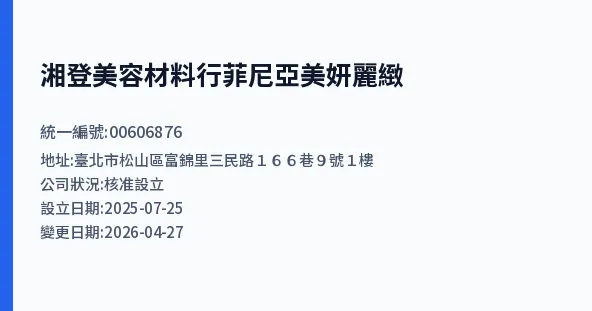 湘登美容材料行菲尼亞美妍麗緻的照片-統編 00606876(臺北市) 公司登記資料與營業項目詳細圖表