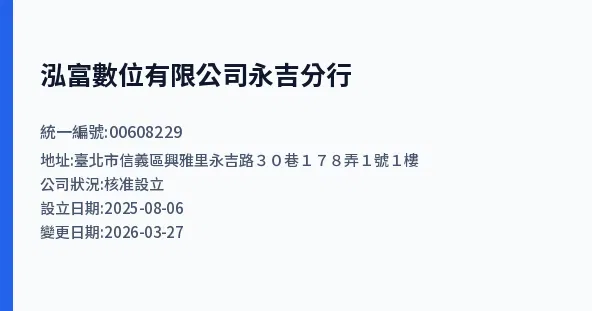 泓富數位有限公司永吉分行的照片-統編 00608229(臺北市) 公司登記資料與營業項目詳細圖表
