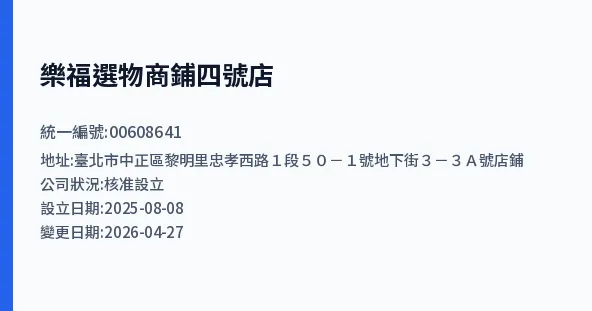 樂福選物商鋪四號店的照片-統編 00608641(臺北市) 公司登記資料與營業項目詳細圖表