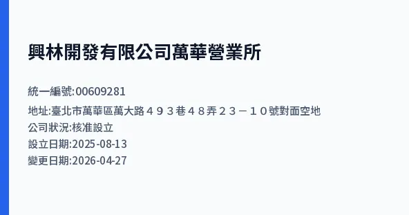興林開發有限公司萬華營業所的照片-統編 00609281(臺北市) 公司登記資料與營業項目詳細圖表