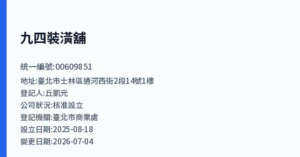 九四裝潢舖的照片-統編 00609851(臺北市) 公司登記資料與營業項目詳細圖表