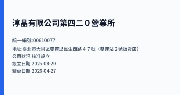 淳晶有限公司第四二0營業所的照片-統編 00610077(臺北市) 公司登記資料與營業項目詳細圖表